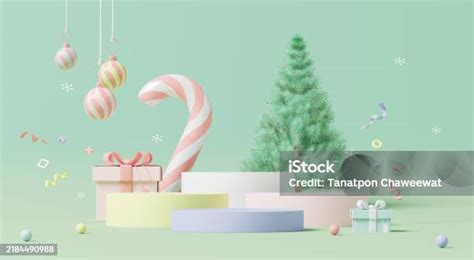 3d 렌더링 크리스마스 트리 선물 상자 및 사탕 지팡이로 장식 된 디스플레이 연단이있는 다채로운 크리스마스 파스텔 배경 0명에