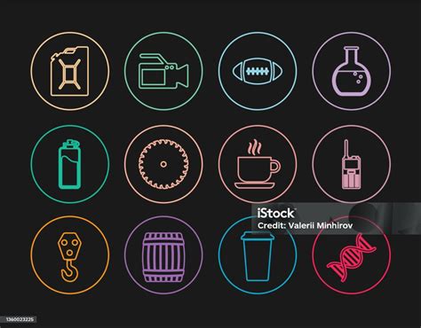 세트 라인 Dna 기호 워키 토키 미식 축구 공 원형 톱날 물 스포츠 병 가솔린 캐니스터 커피 컵 및 시네마 카메라 아이콘 벡터 0명에 대한 스톡 벡터 아트 및 기타 이미지