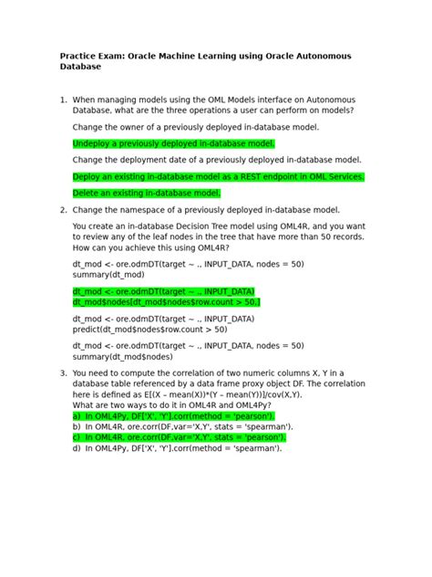 Practice Exam Oracle Machine Learning Using Oracle Autonomous Database