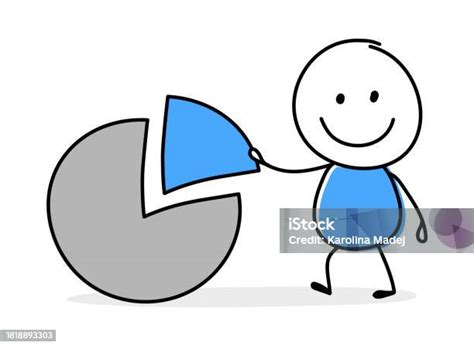 차트 파이 아이콘을 들고 있는 재미있는 만화 스틱맨 비즈니스 프리젠 테이션을위한 손으로 그린 디자인 벡터 그림 개념에 대한 스톡