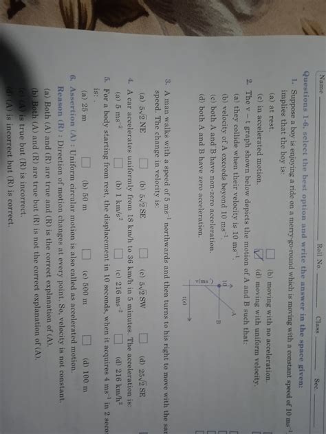 Name Roll No Class Sec Questions 1 6 Select The Best Option And Write