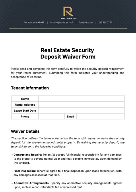 Free Real Estate Security Deposit Waiver Form Template To Edit Online