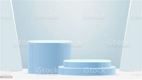 기하학적 플랫폼이 있는 파스텔 블루 배경 장면에 제품 디스플레이를 위한 3d 최소 연단 스탠드 벡터 3d 무대 렌더링 연단은