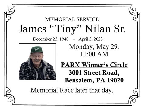 Memorial Service James Tiny” Nilan May 29th Race Track Chaplaincy