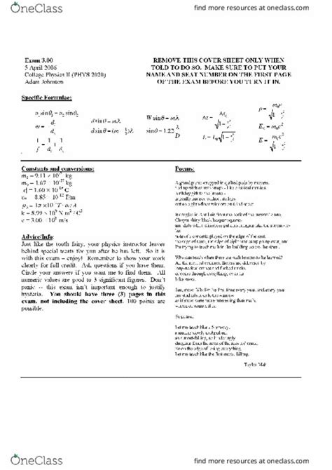 PHYS 2020 Midterm Exam 3 OneClass