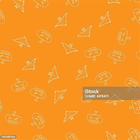 추상적인 스타일의 박쥐와 호박 원활한 할로윈 개요 박쥐와 호박 원활한 패턴 오렌지 배경에 할로윈 개요 휴일 장식입니다 선 벡터입니다 낙서 벽지 10월에 대한 스톡 벡터 아트