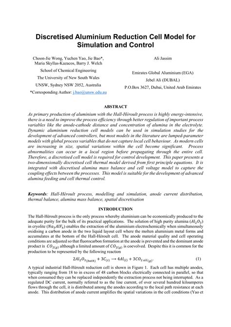 Pdf Discretised Aluminium Reduction Cell Model For Simulation And Control