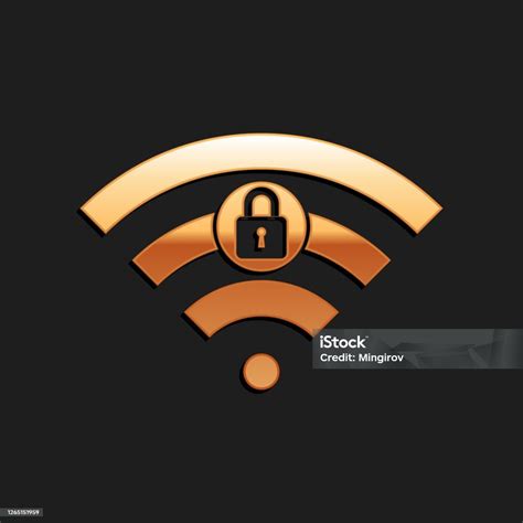 골드 와이파이 는 검은 색 배경에 고립 된 기호 아이콘을 잠갔습니다 암호 Wifi 기호입니다 무선 네트워크 아이콘입니다 와이파이 존 긴 그림자 스타일 벡터 0명에 대한 스톡