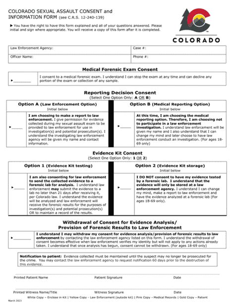 Colorado Colorado Sexual Assault Consent And Information Form Download Printable PDF