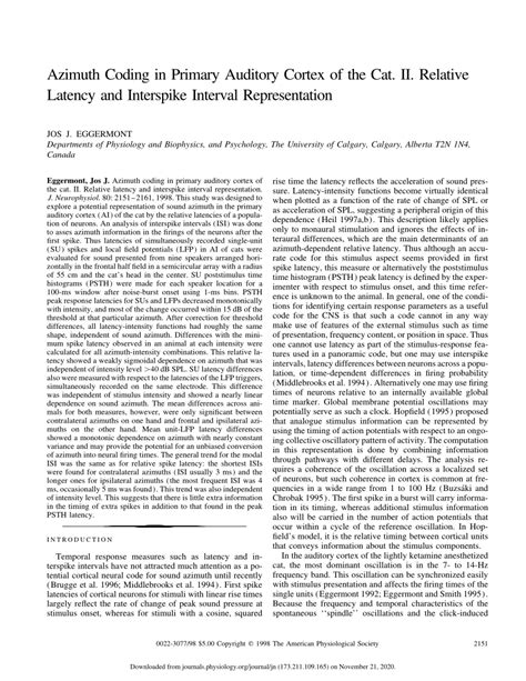 Pdf Azimuth Coding In Primary Auditory Cortex Of The Cat Ii