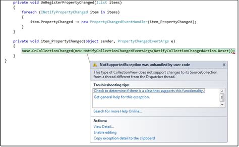 c exception when updating item property in collection from