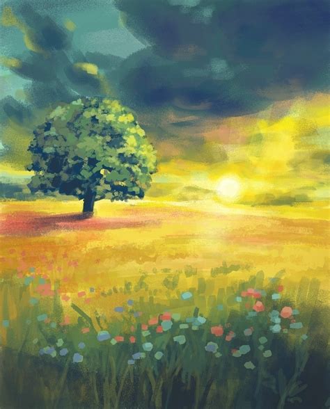 風景画 夕暮れの草原ハートヘッド イラスト