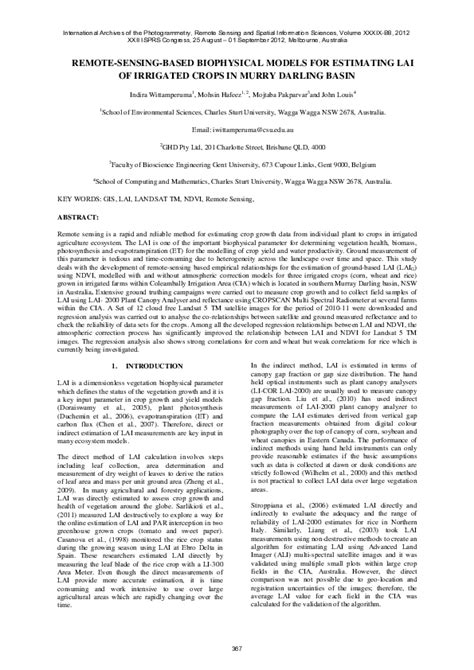 Pdf Remote Sensing Based Biophysical Models For Estimating Lai Of Irrigated Crops In Murry