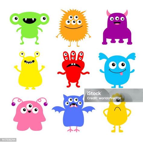 즐거운 할로윈 보내세요 몬스터 아이콘 세트 카와이 귀여운 만화 재미있는 아기 캐릭터 스티커 인쇄 다채로운 실루엣 눈 뿔 송곳니