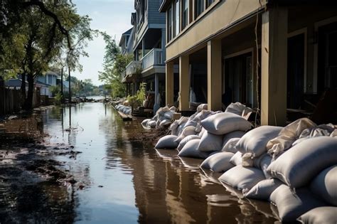 Premium Ai Image Flood Safeguard Sandbags By Amid Flooded Dwellings Generative Ai