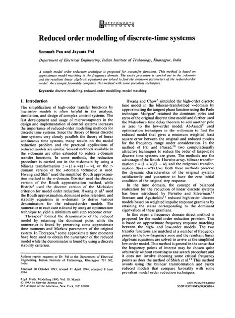Pdf Reduced Order Modelling Of Discrete Time Systems