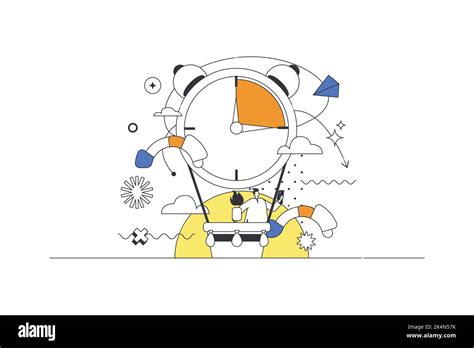 Time Management Web Concept In Flat Outline Design With Character Man Keeps Track Of Time To