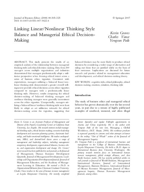 Pdf Linking Linear Nonlinear Thinking Style Balance And Managerial Ethical Decision Making