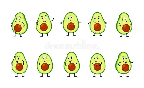 Avocado Character With Funny Face Happy Cute Cartoon Emoji Set Stock Vector Illustration Of