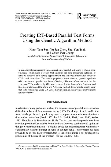 Pdf Creating Irt Based Parallel Test Forms Using The Genetic