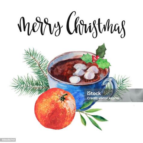 제 퍼 Firtree 지점 홀리 귤 및 어구 메리 크리스마스 커피 한잔 수채화 손으로 그린 개체 흰색 배경에 고립 크리스마스 카드와 새 해 그림을 설정합니다 0명에 대한