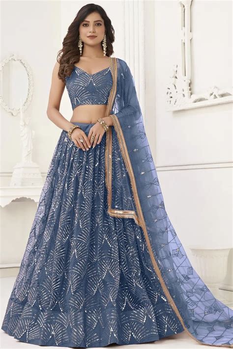 Fashionable Blue Color Sangeet Wear Net Fabric Lehenga Choli En 2024