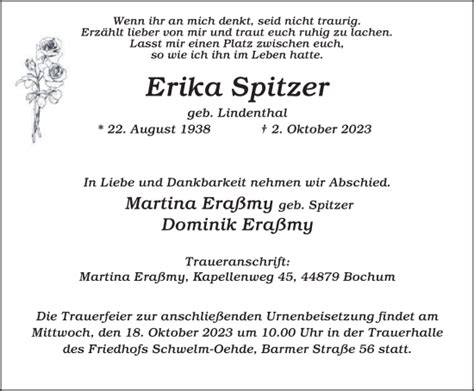 Traueranzeigen Von Erika Spitzer Trauer In Nrwde