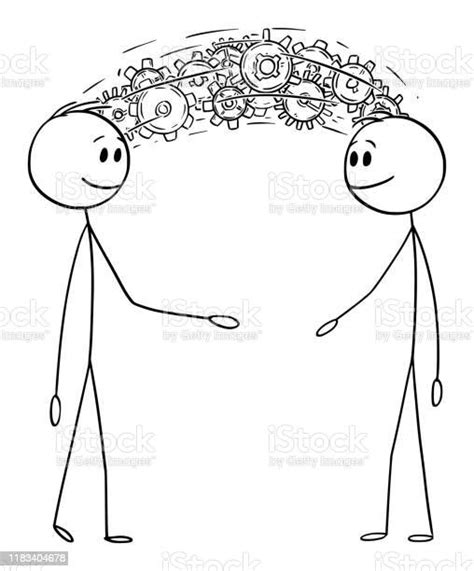 지식과 정보를 공유하거나 개념을 브레인 스토밍 두 남자 또는 사업가의 벡터 만화 그림 스틱피겨에 대한 스톡 벡터 아트 및 기타