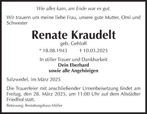 Traueranzeigen Von Renate Kraudelt Abschied Nehmen De