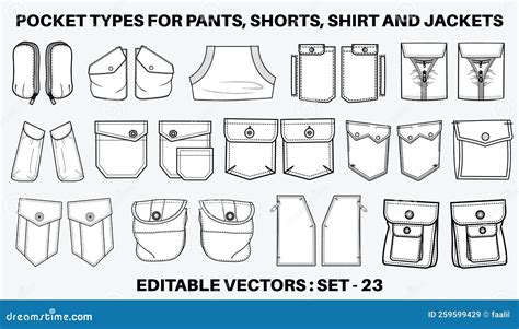 Patch Pocket Flat Sketch Vector Illustration Set Different Types Of