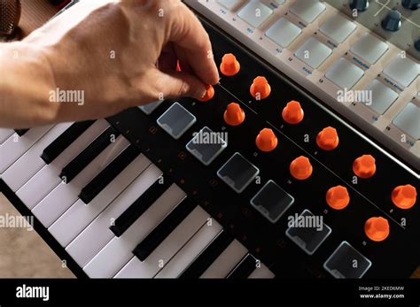 The Musician Plays The Midi Keyboard Close Up The Concept Is Modern Musical Electrical