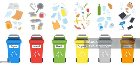 쓰레기는 다른 쓰레기통에 분리되어 있습니다 유기 물질 일회용품 및 종이 쓰레기 쓰레기 재활용 관리 컨테이너 괜찮은 벡터 정보 쓰레기에 대한 스톡 벡터 아트 및 기타 이미지