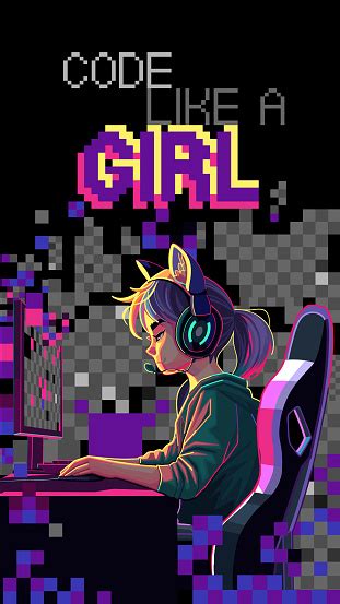 Asian Girl Programmer With A Headset Sits In Front Of A Computer Stock Illustration Download