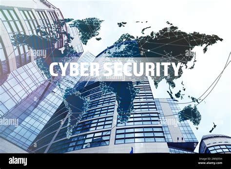 Text Cyber Security World Map And Modern Buildings On Background Stock