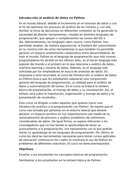 Introducción Al Análisis De Datos En Python Pdf Lenguaje De