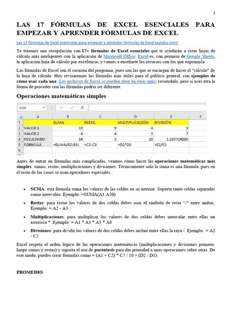 Las 17 Fórmulas De Excel Esenciales Para Empezar Y Aprender Fórmulas De Excel Pdf Microsoft