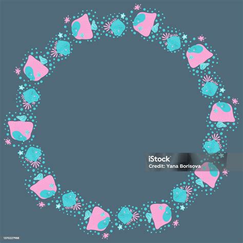 쾌활한 미소 떠다니는 물고기 거품 불가사리의 귀여운 둥근 프레임 스칸디나비아 스타일의 어두운 배경에 만화 마법의 수중 세계