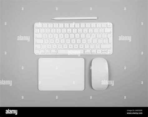 Top View Of White Keyboard Touchpad Mouse And Pen On Light Grey Background Modern Office Flat