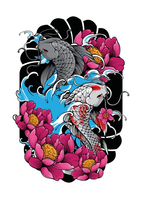 Koi Fish With Japanese Wave And Flowers Tattoo Japanese Illustration