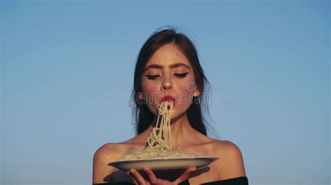 Spaghetti Italian Food And Cuisine Girl Eating Pasta Stock Footage