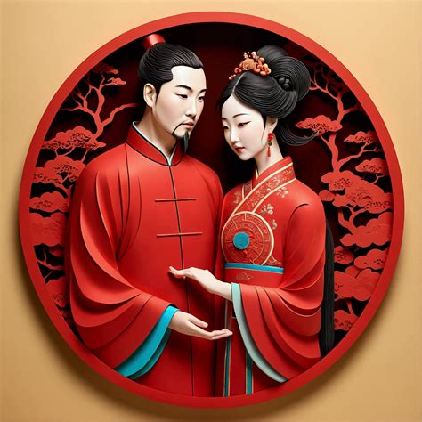 플랫 페이퍼 컷 스타일，고대 중국 부부 걱정，스포츠맨，빨간색，종이，컬러 블로킹，둥근 형태 Seaart Ai