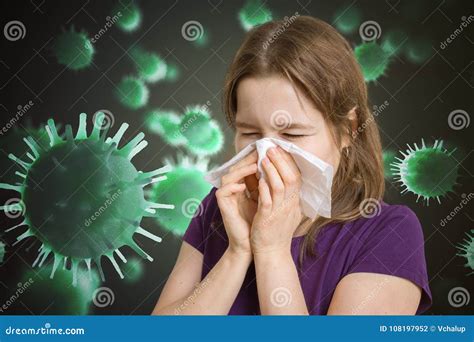 Ill Woman Has Flu And Is Sneezing Many Viruses And Germs Flying Around