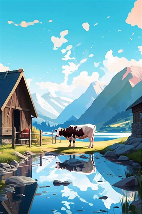 Ai数字艺术卡通奶牛小溪立春插画 花瓣网