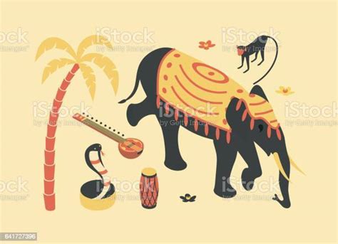 인도 벡터 평면 아이소메트릭 그림 3d 아이콘 세트 팜 트리 Sitar 원숭이 코끼리 로터스 꽃 뱀 코브라 드럼 3차원 형태에 대한 스톡 벡터 아트 및 기타 이미지 Istock