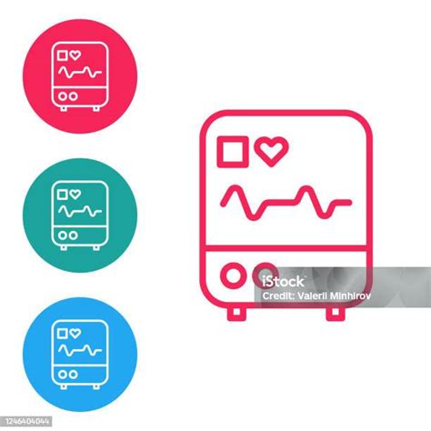 흰색 배경에 격리 된 심전도 아이콘이있는 빨간색 선 컴퓨터 모니터 모니터링 아이콘 심장 박동 손으로 그린 심전도 모니터 원 버튼으로 아이콘을 설정합니다 벡터 일러스트레이션