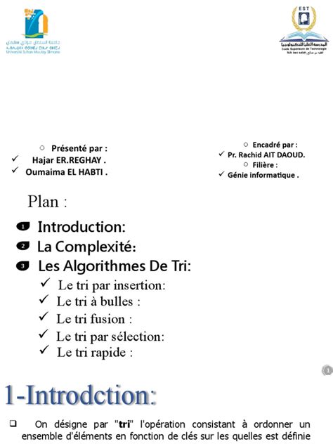 Les Algorithmes De Tri Pdf Théorie De La Complexité Informatique Théorique Logique