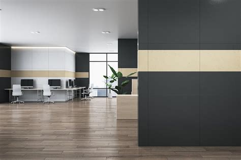 도시 전망과 목재 바닥 3d 렌더링을 갖춘 가구 리셉션 데스크 창문이 있는 고급 사무실 로비 인테리어 프리미엄 사진