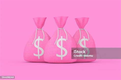 핑크 묶여 소박한 캔버스 리넨 돈 자루 또는 달러 기호와 돈 가방 3d 렌더링 가방에 대한 스톡 사진 및 기타 이미지 가방