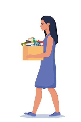 해고 직원 교체 불행한 여자는 직장에서 해고되고 상자에 물건을 가지고 사무실을 떠납니다 실업 근로자 해고 정리 해고 위기 벡터 그림입니다 경영자에 대한 스톡 벡터 아트 및