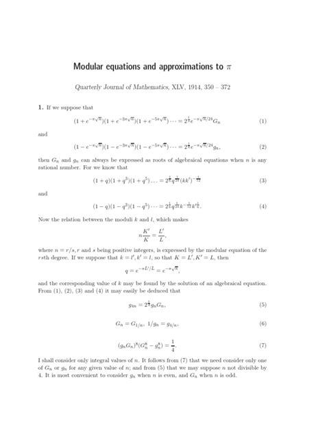 Ecuaciones Modulares Y Aproximaciones De Pi Pdf Pi Logarithm